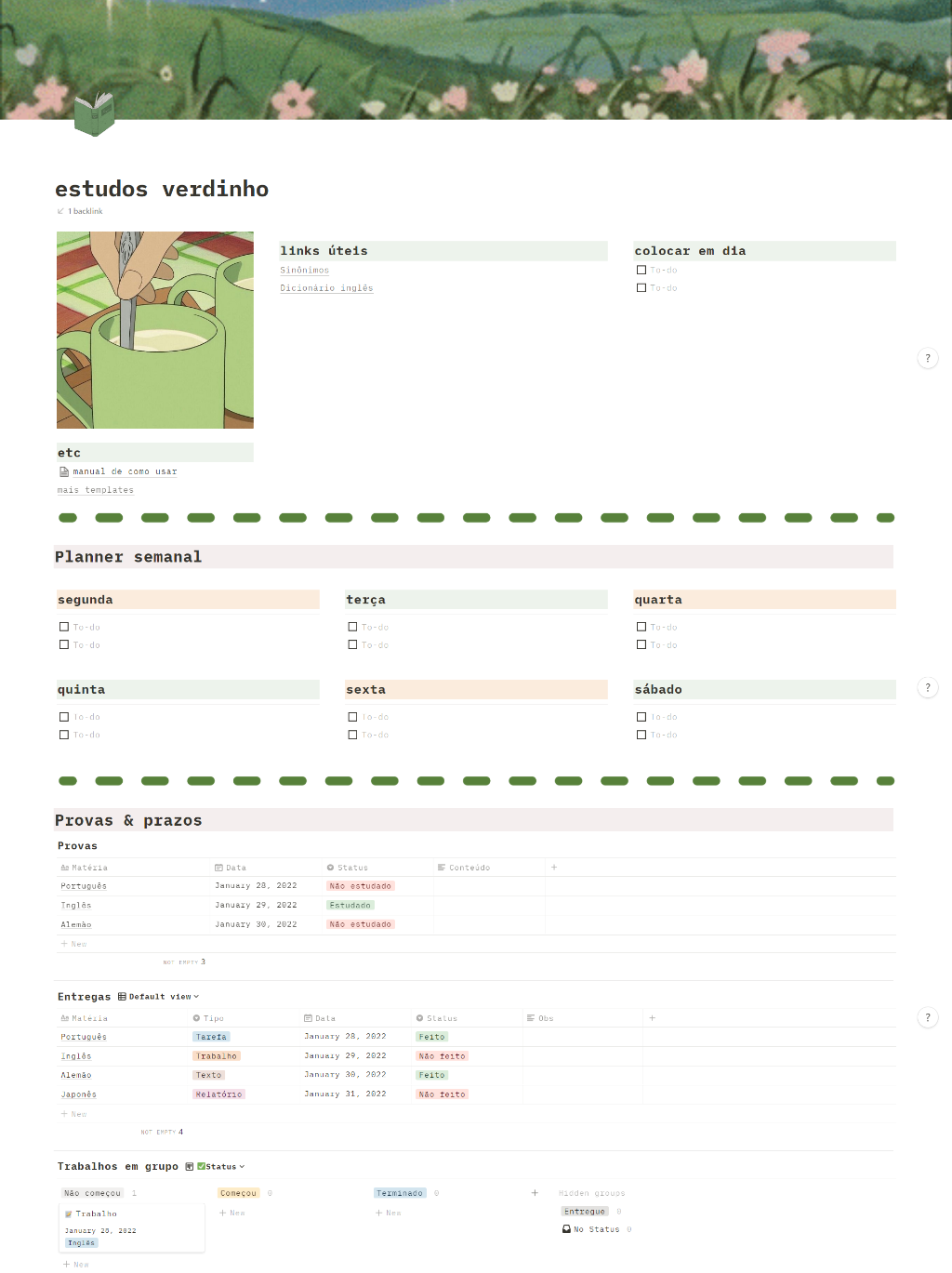 Planner Estudos Verdinho - Template para Notion